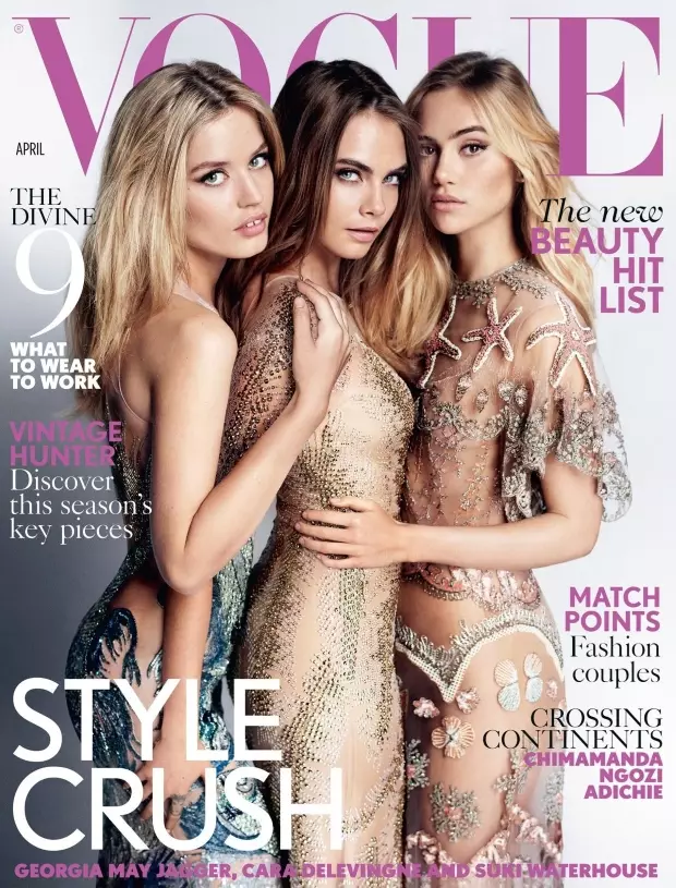 UK Vogue Aprel 2015 Cara, Jorjiýa we Suki Mario Testino