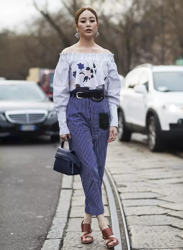 off-the-shoulder-striped-blouse-trousers-street-style