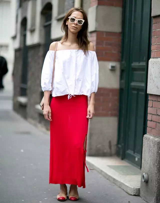 off-the-shoulder-white-blouse-red-skirt-street-style