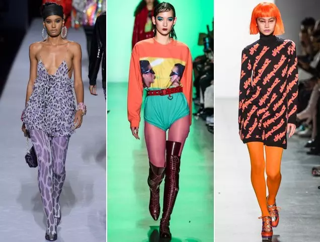 Tights vir vroue in elke kleur van die reënboog by Tom Ford Herfs 2018, Adam Selman Herfs 2018, Jeremy Scott Herfs 2018