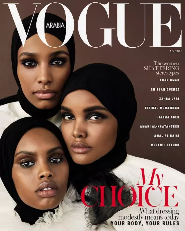 Vogue Arabia huhtikuu 2019: Halima Aden, Amina Adan ja Ikram Abdi Omar, kirjoittanut Txema Yeste