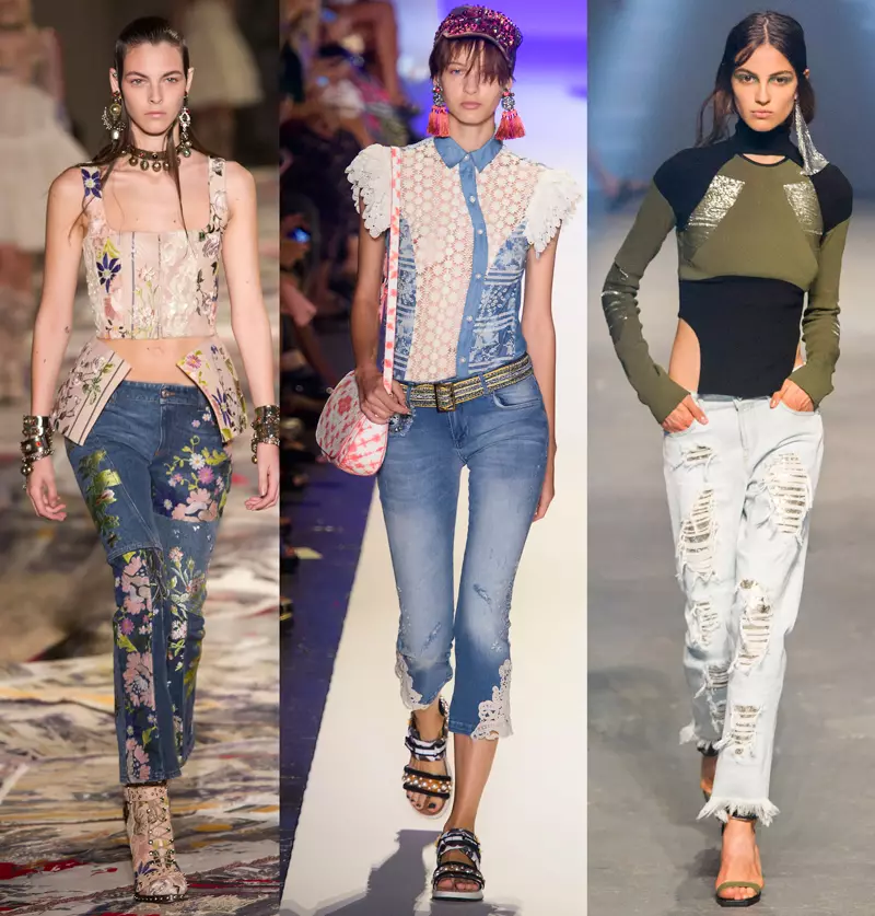 Jeans de cintura baixa nas passarelas Alexander McQueen, Desigual e Versus Versace da primavera de 2017