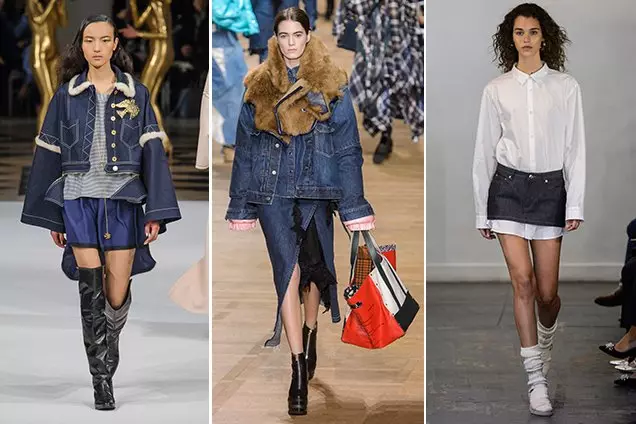 Džínové sukně od Alexis Mabille Fall 2017, Sacai Fall 2017, A.P.C. Podzim 2017