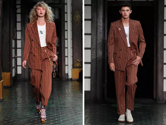 דוגמן ודוגמנית לובשים את אותה החליפה במסלול סתיו 2017 של וולק מוראיס.