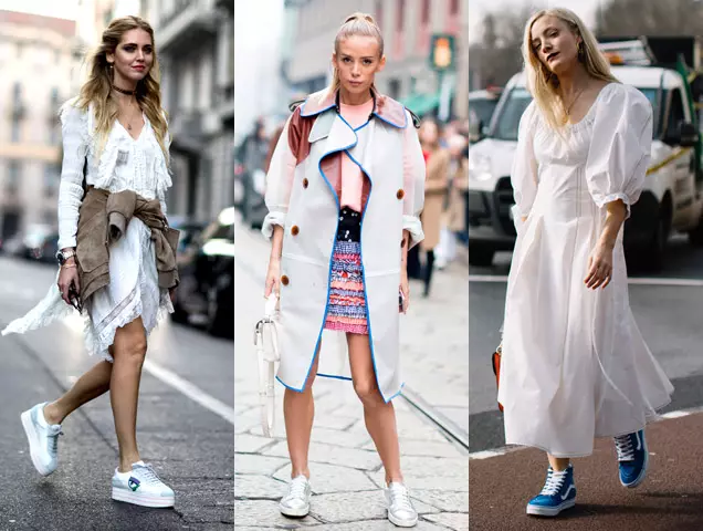 Посетителите на Месеца на модата като Киара Ферагни (крайно вляво) избраха сладки чифтове маратонки вместо сандали, за да акцентират върху полите и роклите си