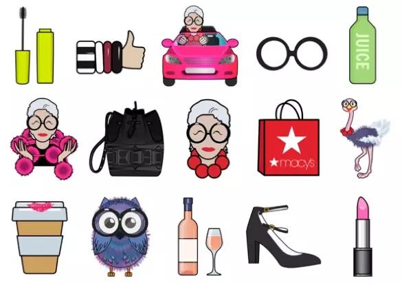 Iris Apfel, yaklaşmakta olan Macy'nin işbirliğini tanıtmak için bir dizi emoji yayınladı.