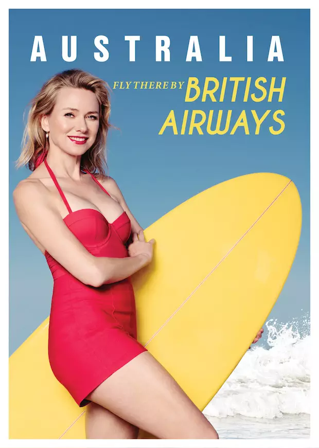 Naomi Watts သည် Iconic British Airways ပိုစတာကို ပြန်လည်ဖန်တီးရန်အတွက် Retro သို့သွားခဲ့သည်။